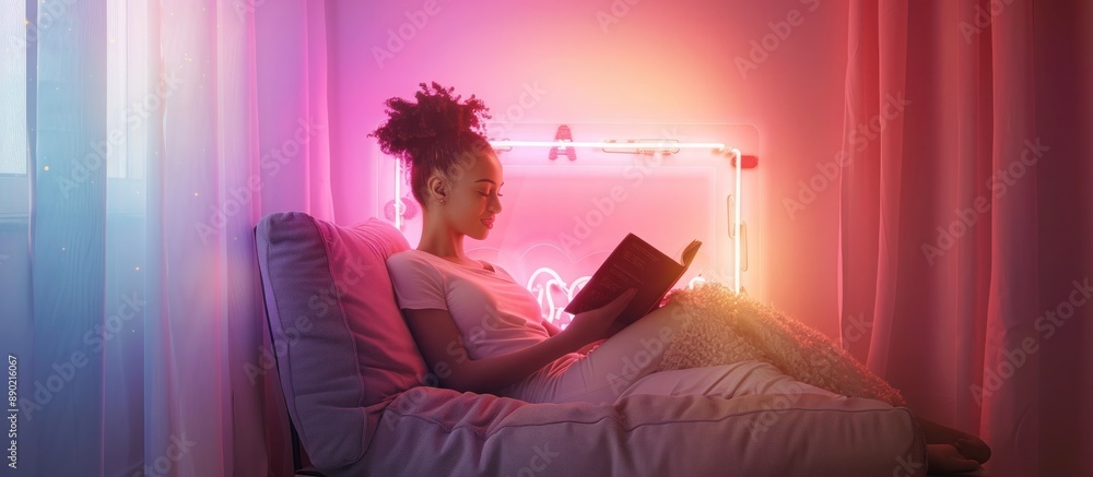 Neon sign wall decor in a serene reading nook, soft lights creating a ...