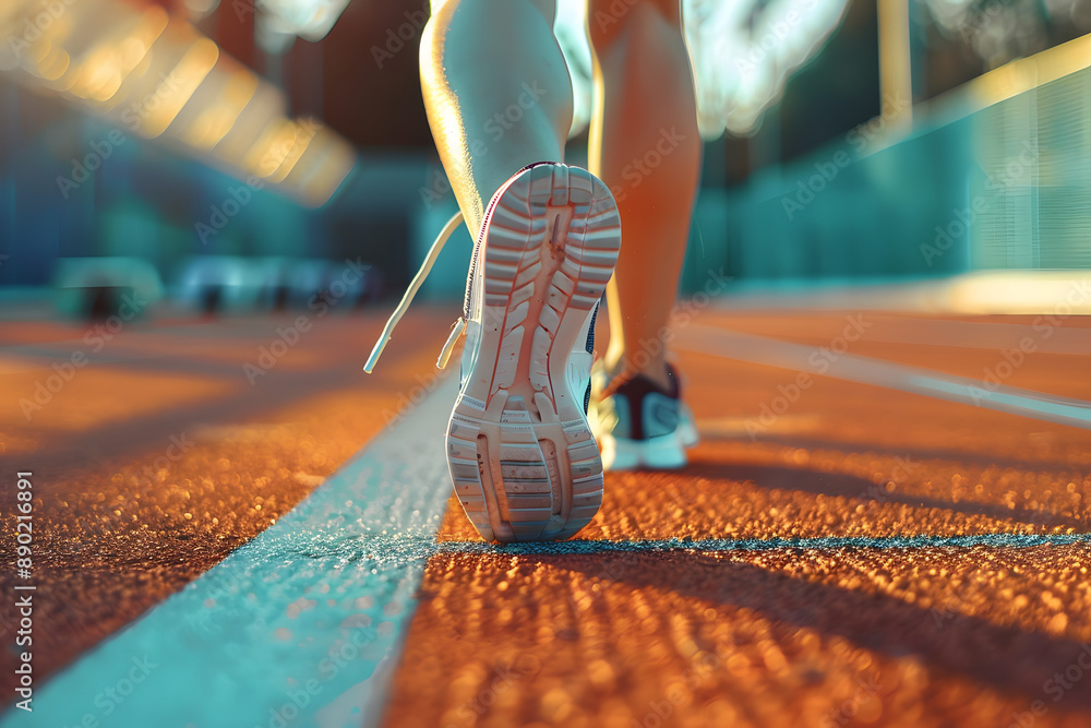 Back view of woman's feet in sport shoes running on orange running ...