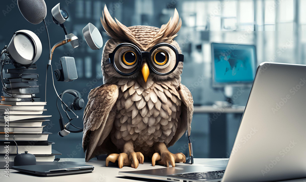 Tech Savvy Owl_ Owl with glasses and a laptop, surrounded by gadgets in ...