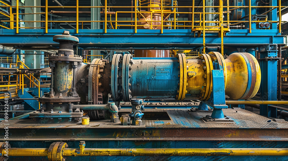 blue and yellow water pump in a factory, power plant interior with huge ...