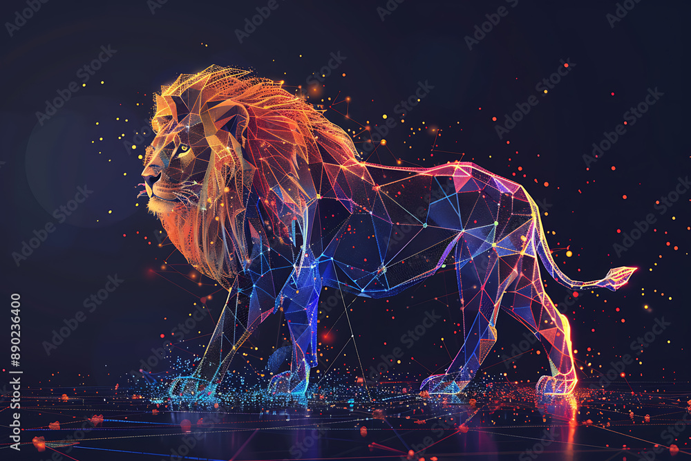 Digital wireframe polygon illustration of the Leo zodiac sign ...