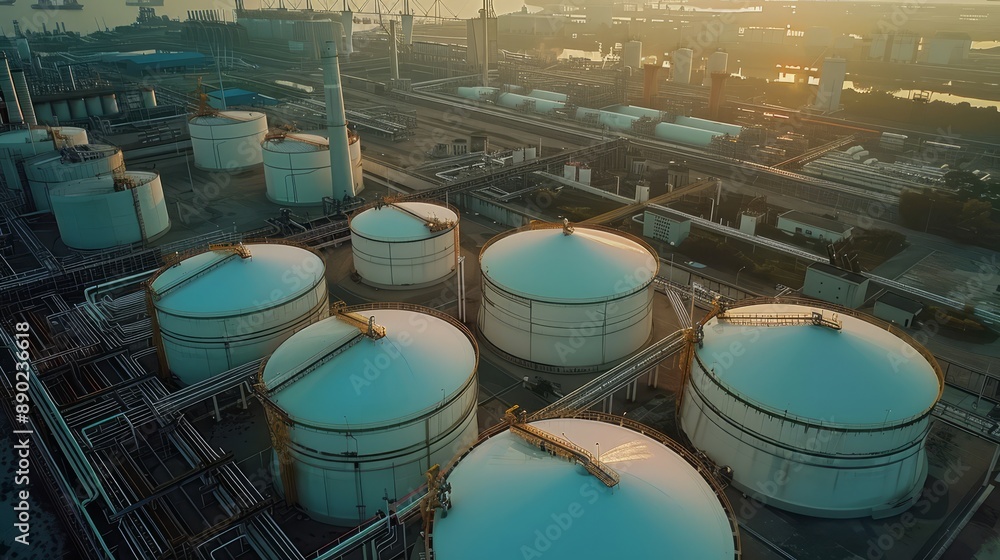 Aerial view oil and gas terminal storage tank farm. Oil tank storage chemical petroleum ...