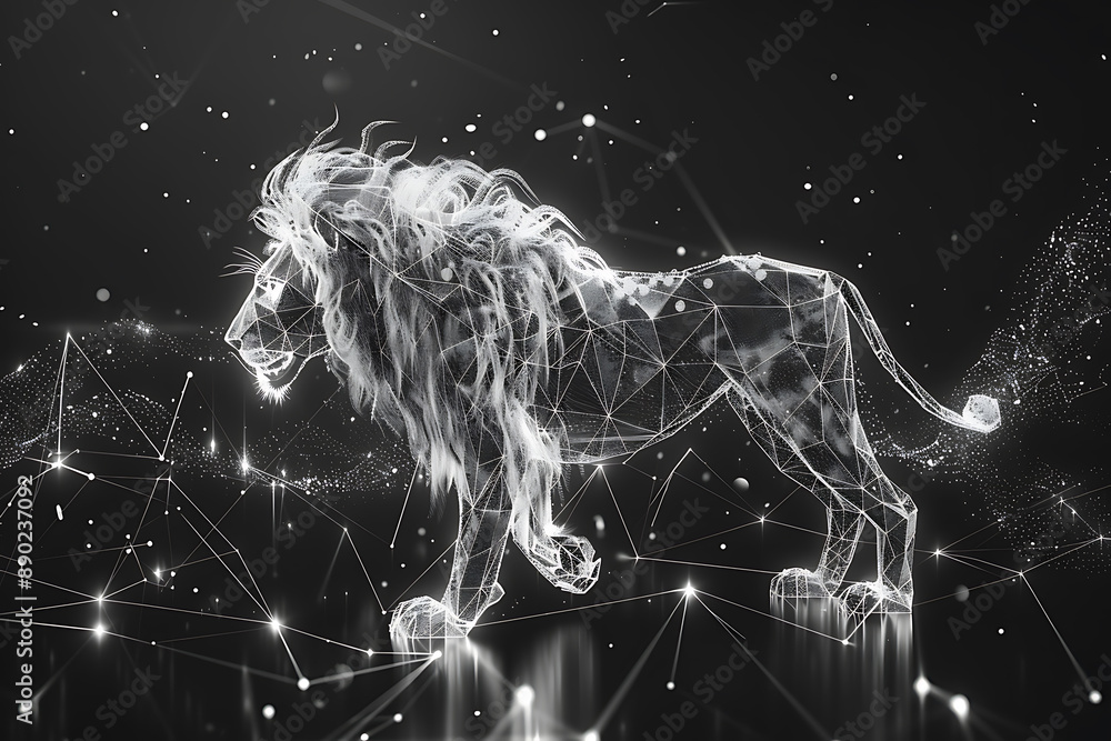Digital wireframe polygon illustration of the Leo zodiac sign ...