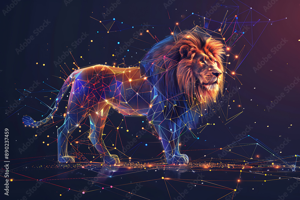 Digital wireframe polygon illustration of the Leo zodiac sign ...