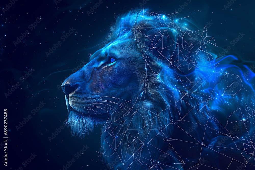 Digital wireframe polygon illustration of the Leo zodiac sign ...