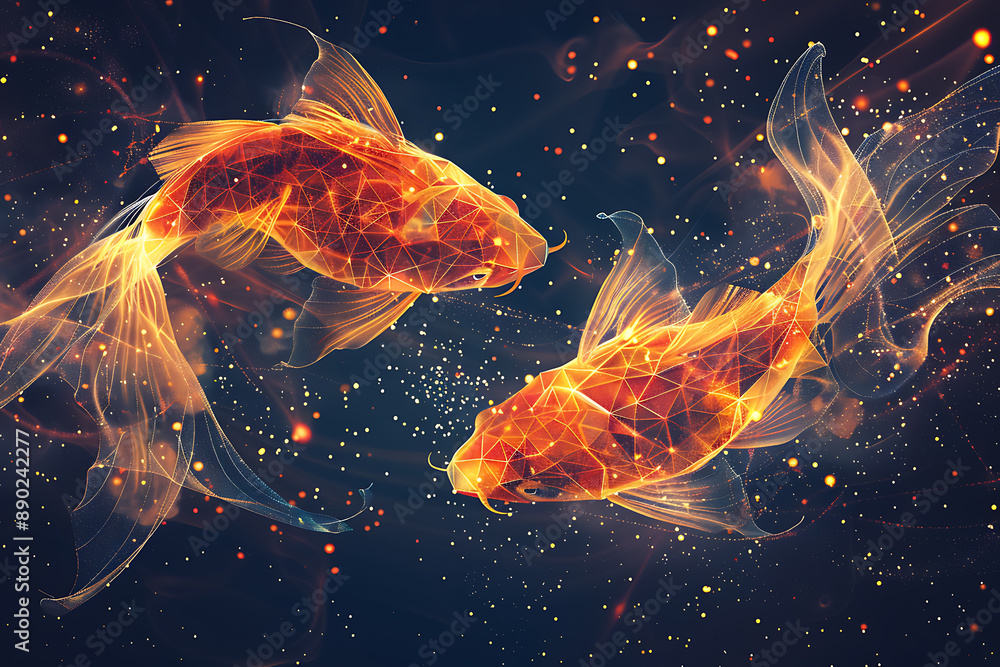 Digital wireframe polygon illustration of a fish, featuring geometric ...