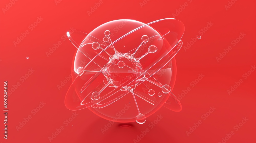 3D rendering illustration of an atom. The atom has a red nucleus and ...