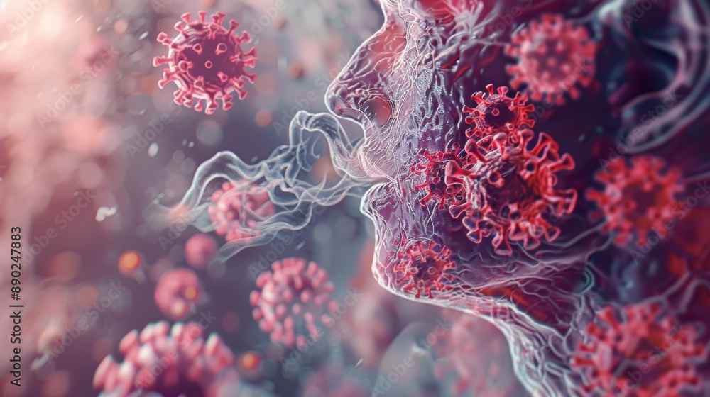 A detailed 3D illustration of a virus particle entering a human body ...