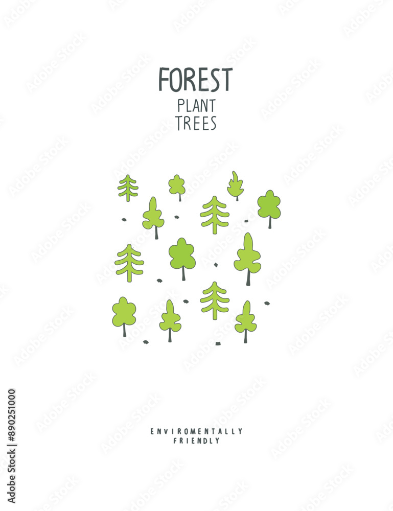 Vector hand drawn cartoon sketch of green forest . Green spruce and ...