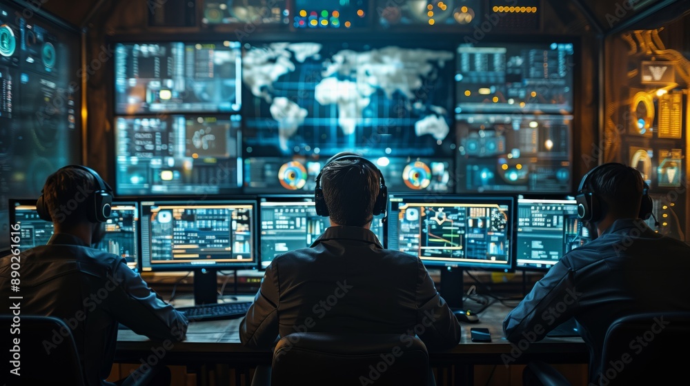 Team Monitoring Global Data on Multiple Screens. Team of analysts monitors global data in a high ...