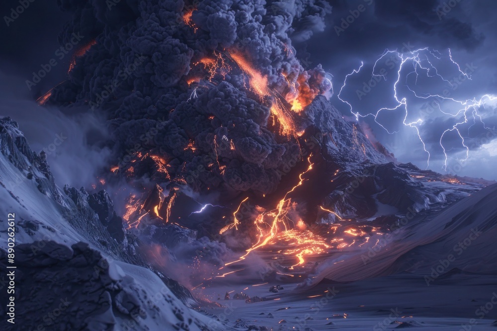 Vivid depiction of a volcanic eruption with lava flowing, ash clouds ...