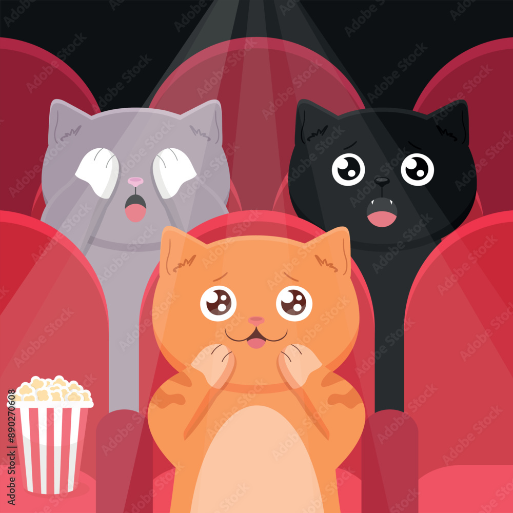 Three cute cats sitting in movie theater. Kittens watching a movie in ...