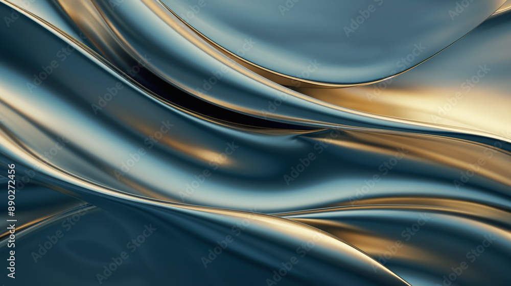 Abstract Flowing Shapes In Metallic Blue And Gold With Smooth Reflective Surfaces The Fluid