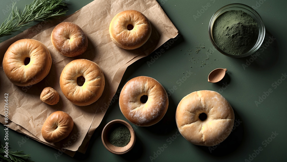 french asian bakery items, calm, minimal, muted dark green and beige ...