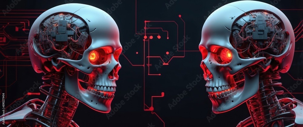Futuristic robotic skulls with glowing eyes symbolizing the ...