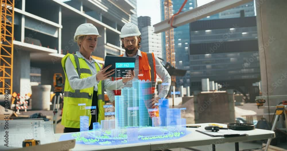 Female and Male Architects Using Augmented Reality Software on a Tablet ...