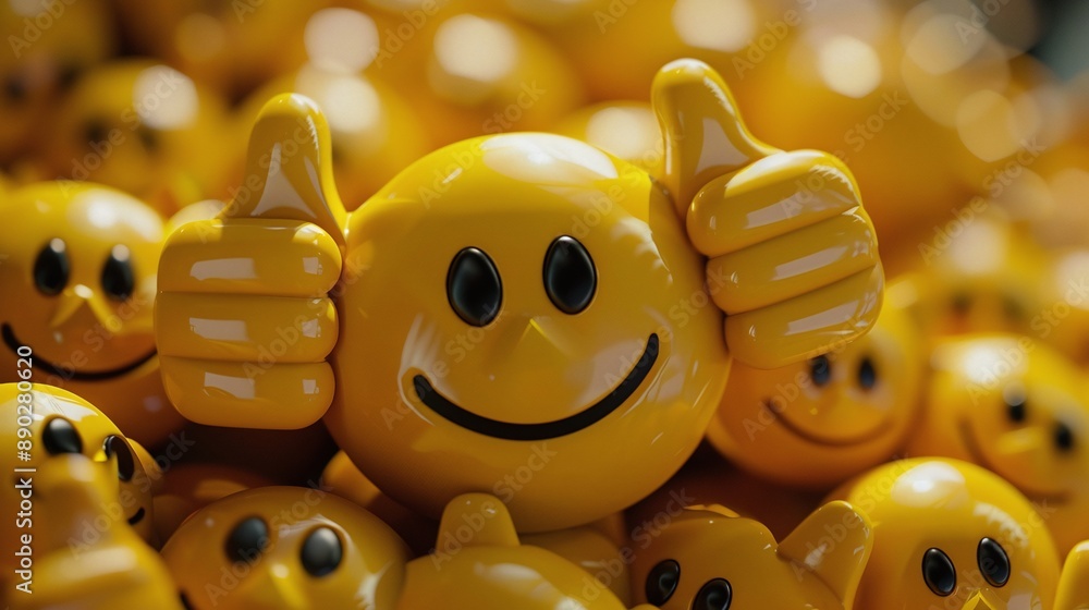 Smiley face surrounded by positive symbols, thumbs-up gestures, stars ...