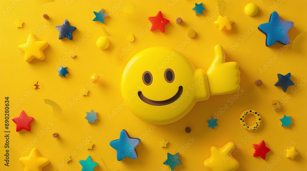Smiley face surrounded by positive symbols, thumbs-up gestures, stars ...