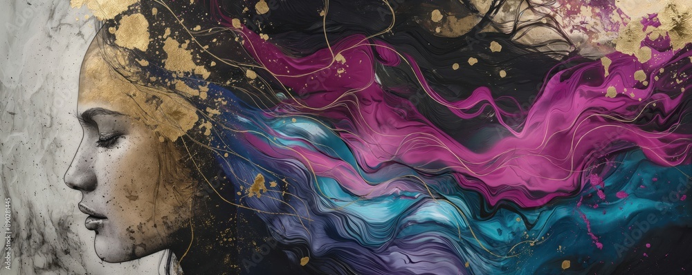 Ethereal Beauty: A Fusion of Gold Leaf and Ink Art . A captivating ...