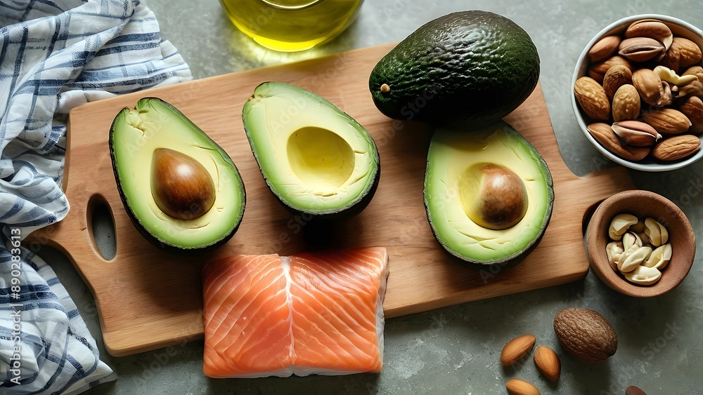 Healthy good fat sources, avocado, salmon fatty fish, olive oil and ...