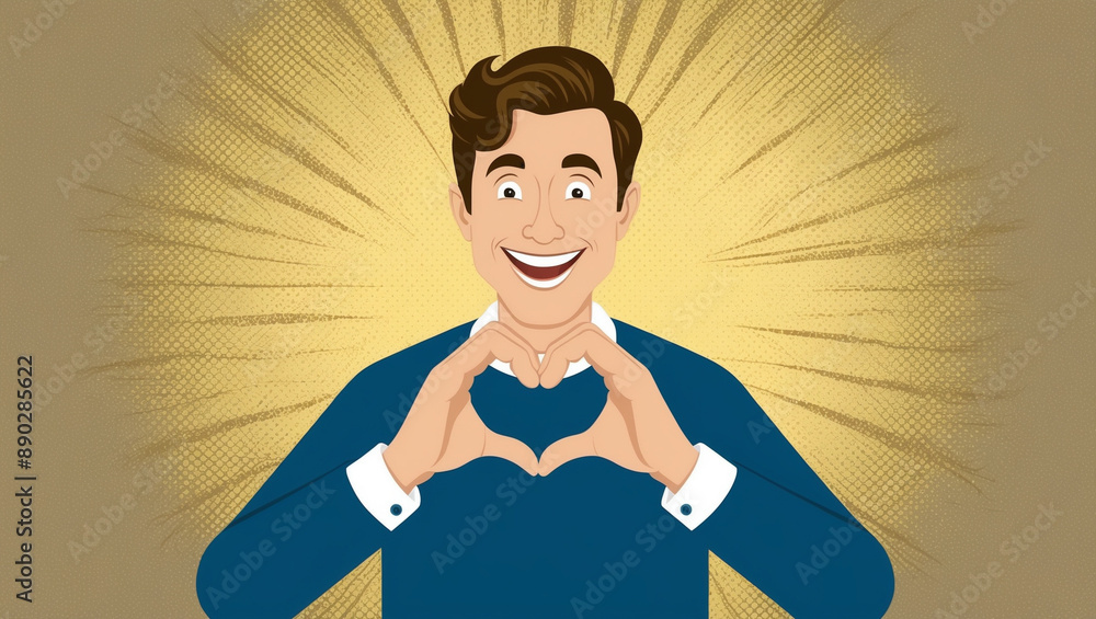 cartoon illustration of a smiling man forming a heart shape with his ...