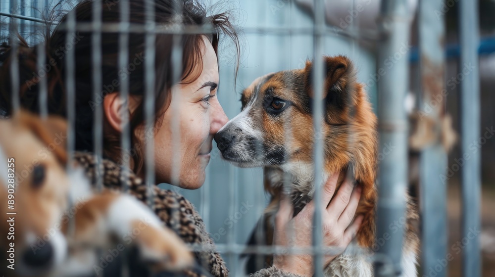 A woman volunteers at an animal shelter, caring for dogs and cats in ...