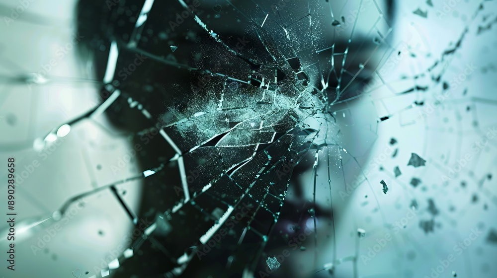 Broken glass window reflection. A blurry face is reflected in a cracked ...