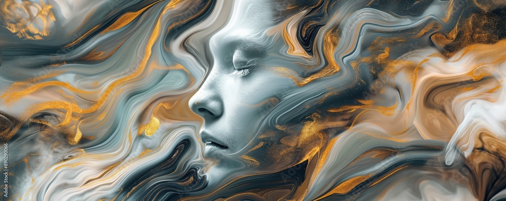 Enigmatic female visage adorned with ethereal marble and gold swirls ...