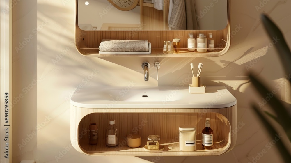 Compact bathroom vanity with minimalist design, featuring an open ...