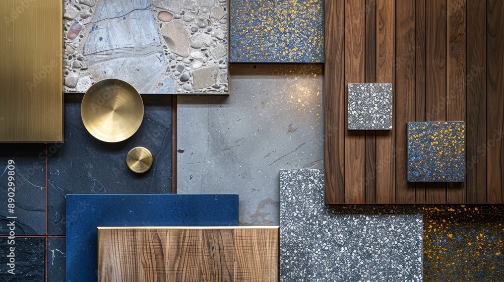 Innovative interior design concept with panels and tiles. Stylish moodboard with terrazzo ...