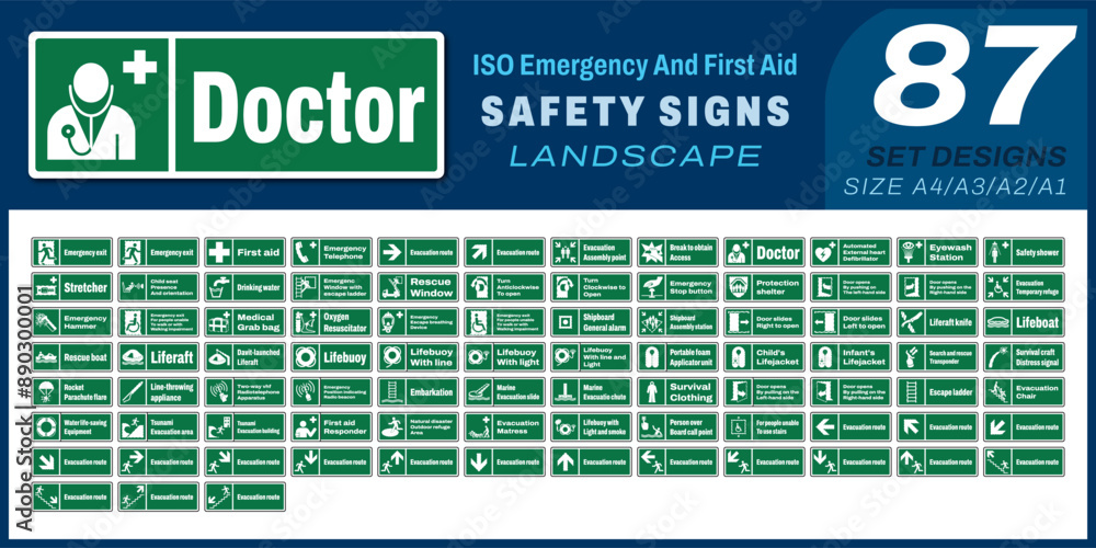 87 set ISO emergency and first aid safety signs v09 landscape size 1/2 ...