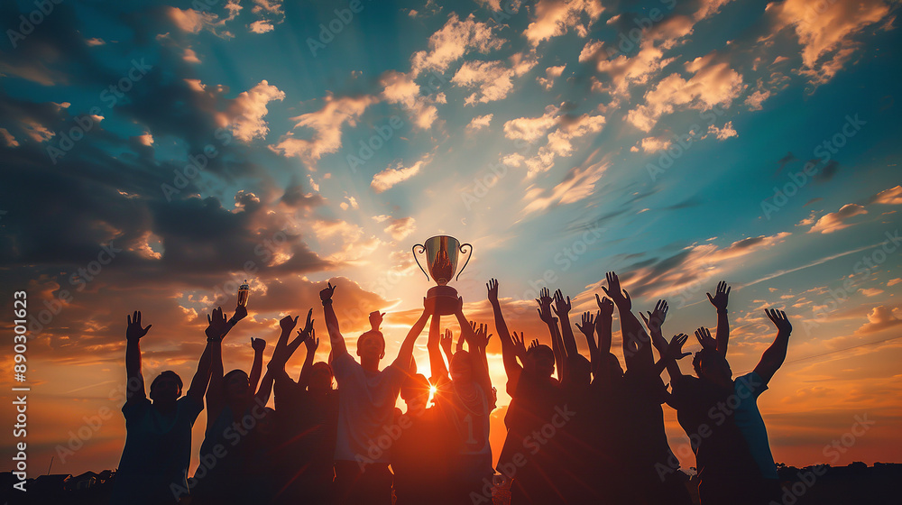 A victorious team celebrates under a stunning sunset, hoisting a trophy ...