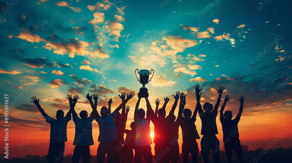 A victorious team celebrates under a stunning sunset, hoisting a trophy ...