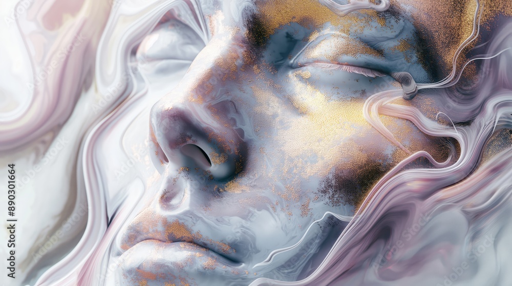 Ethereal Abstract Male Face with Marble and Gold Swirls in Pastel Hues ...