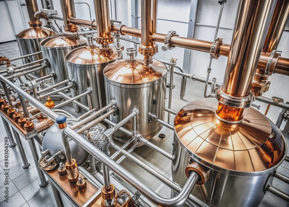 Shiny stainless steel beer brewing equipment with rows of valves and ...