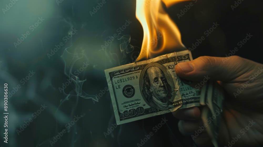Burning 100-dollar bill in a hand with smoke swirling around. Depicting ...