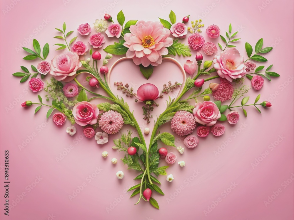 Delicate pink flowers and leaves form a stylized uterus, symbolizing ...