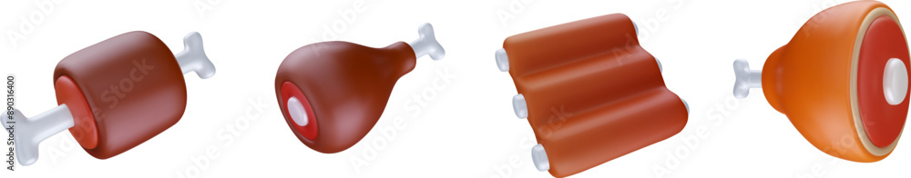 Ribs, khamon, chicken leg. Different meat on bone in cartoon 3d style ...
