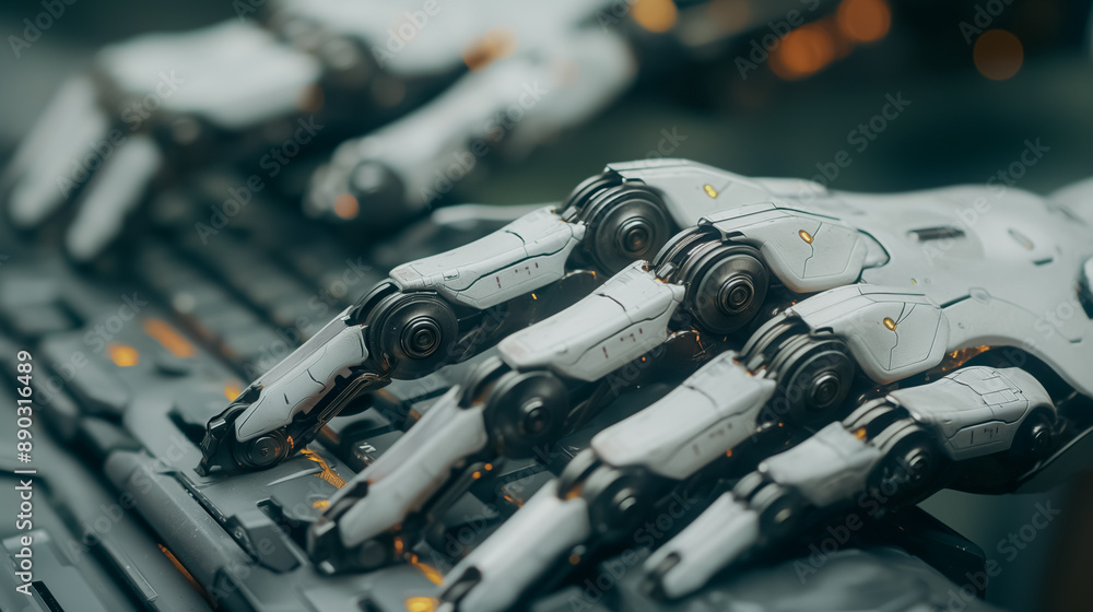 Futuristic robotic hand typing on a computer, representing the ...