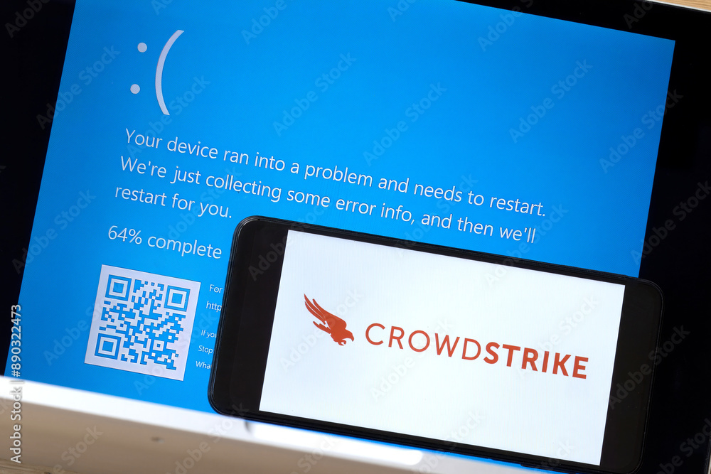 The CrowdStrike logo and a blue computer screen appeared during mass ...