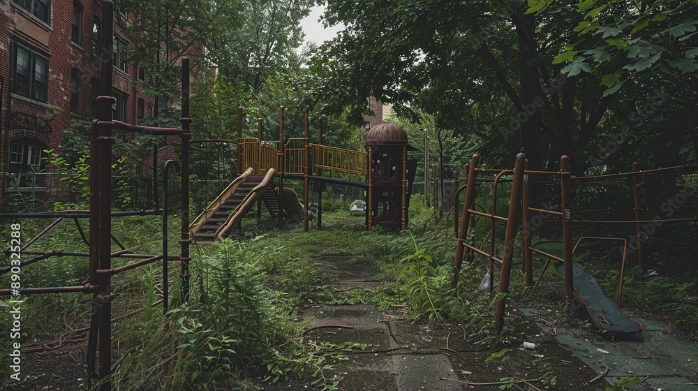 An abandoned playground in a rundown neighborhood, with overgrown weeds ...