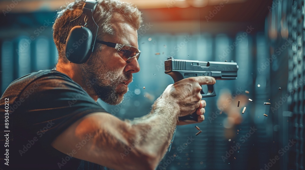 Caucasian man aiming handgun with tactical headset in shooting range ...