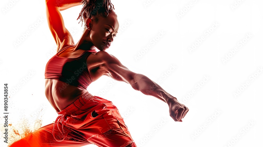 Determined sport woman in activewear do high kick, tae-bo martial arts ...