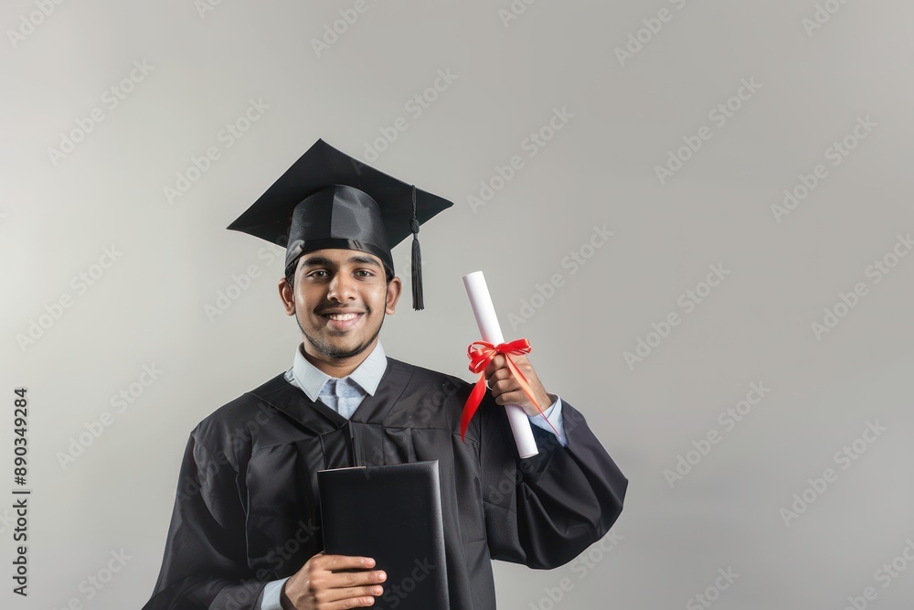 Indian man in his early thirties wearing a black graduation gown and ...