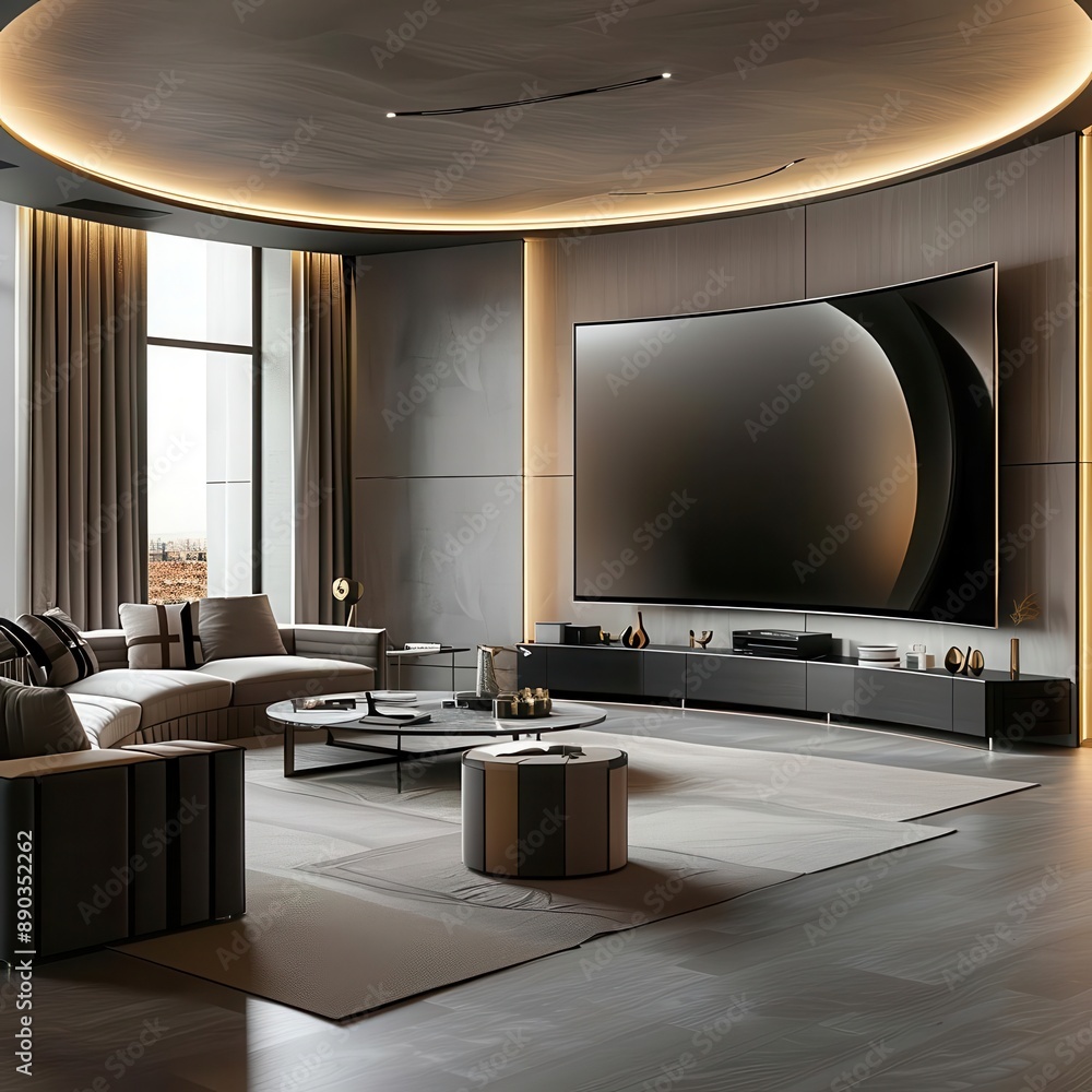 elegant modern living room with a giant curved oled tv as the focal ...