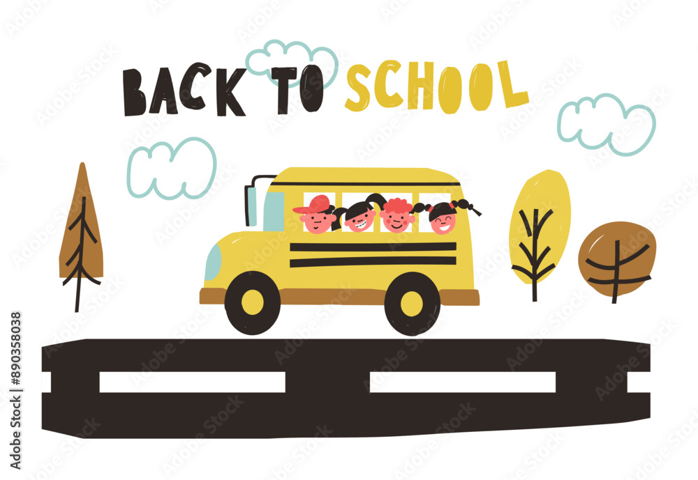 back to school. Schoolbus with pupils. Happy kids flat vector ...