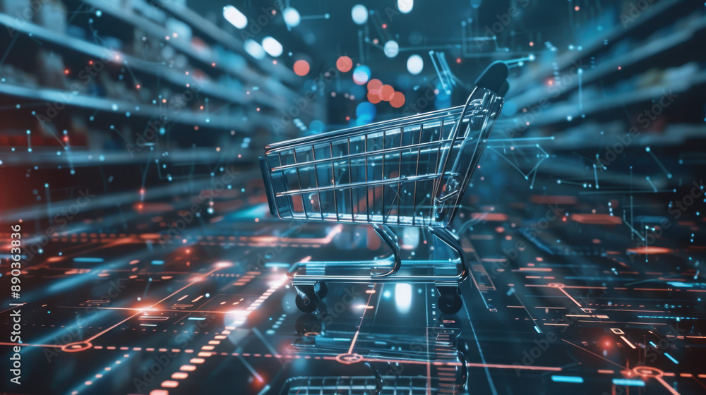 Futuristic shopping cart with digital data overlays in a high-tech ...