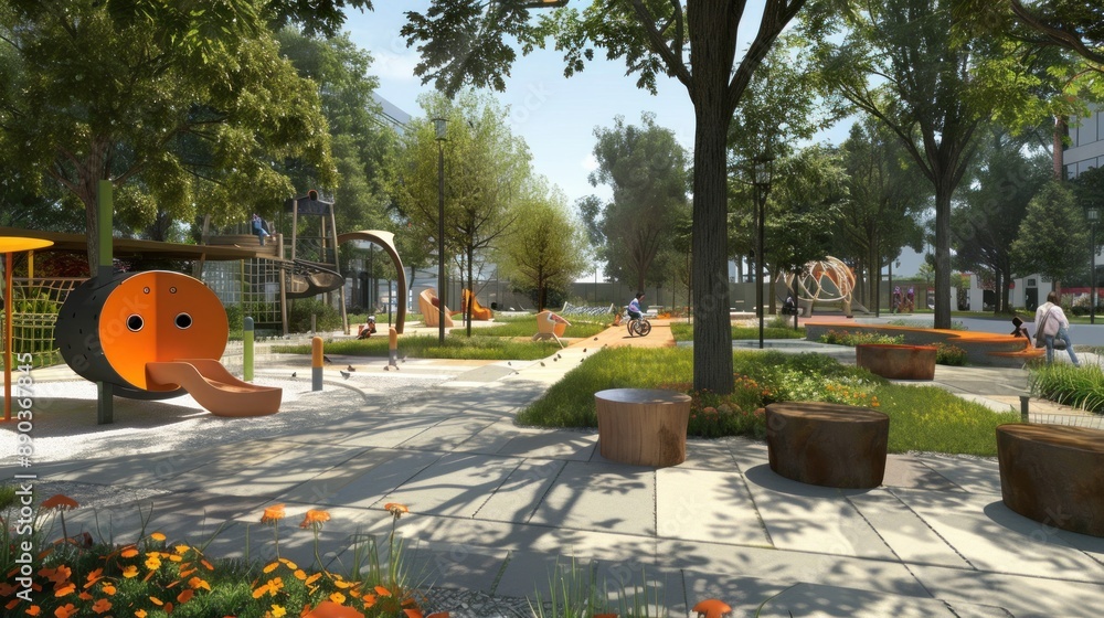 Generate a photo realistic image of innovative public space design with ...