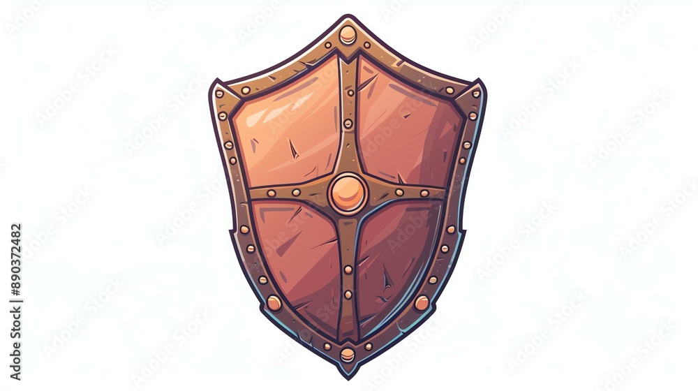 A cartoon shield. The shield is made of metal and has a wooden handle ...