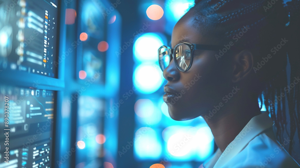 Black female cyber security analyst analysing AI cyberspace threats on computer in dark tech ...